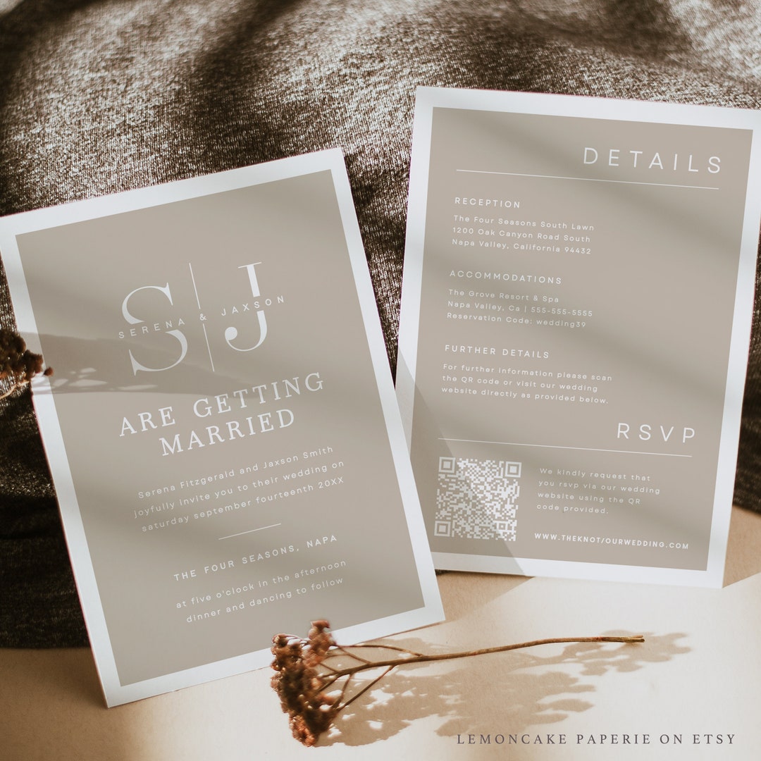 Neutral Tan Wedding Invitation Template, Customizable Monogram Wedding ...