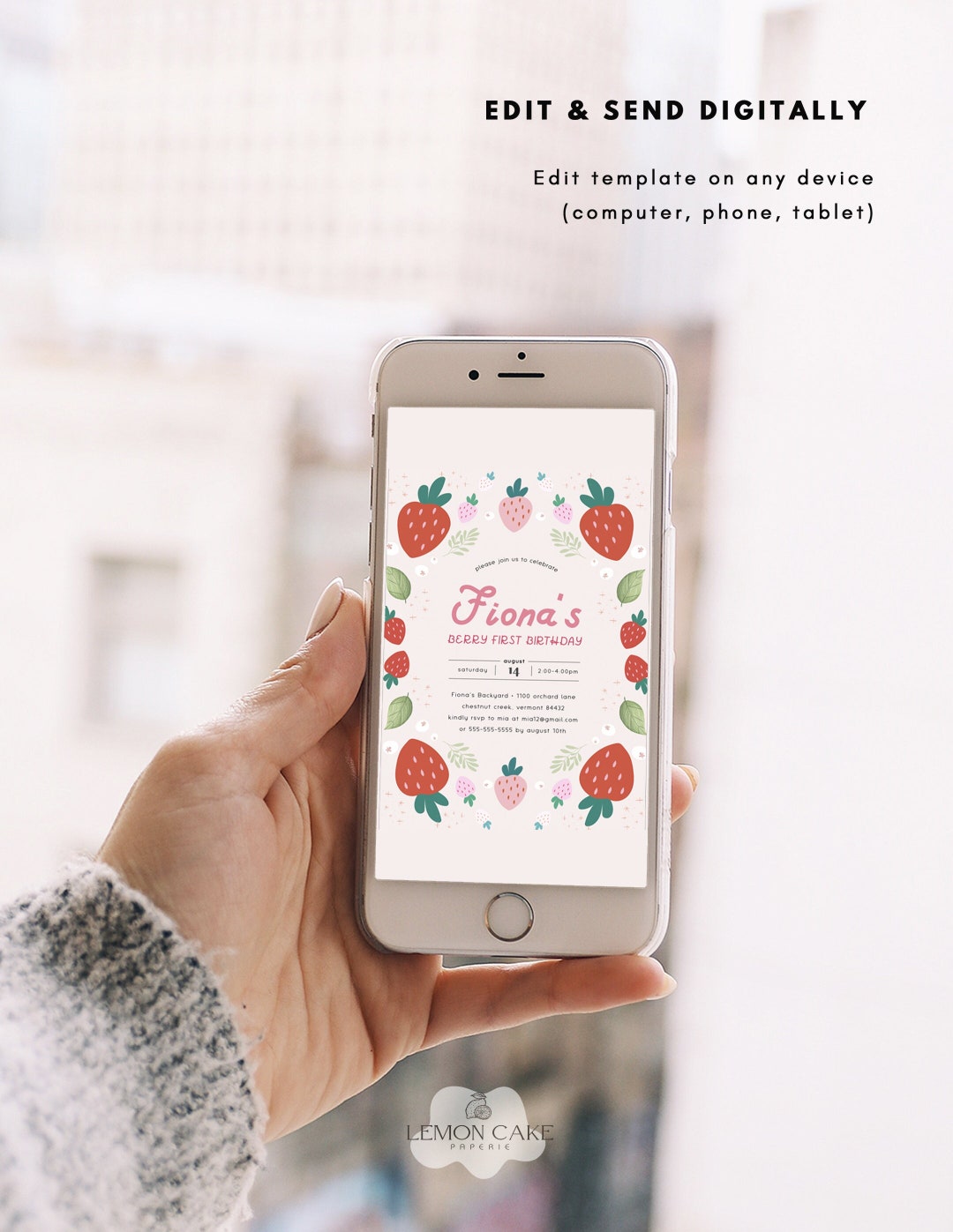 Digital Strawberry Birthday Invitation, Fully Editable Text, Berry ...