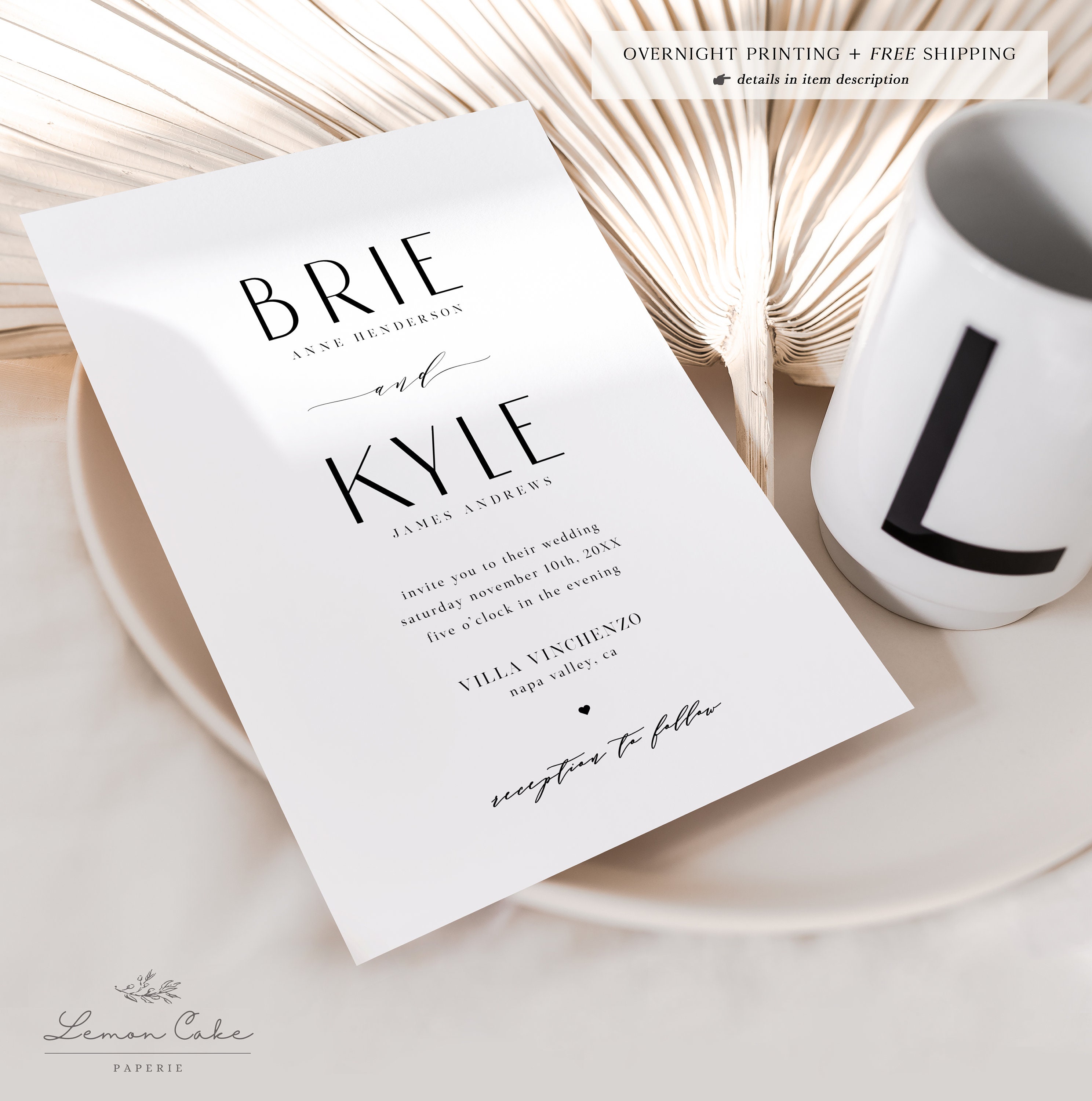 Minimalist Wedding Invitation Template, Instant Download, Black and ...