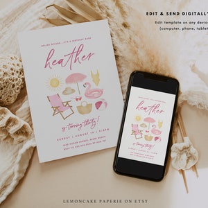 Preppy Pink Pool Party Invitation, 100% Editable Text, Adult Birthday ...