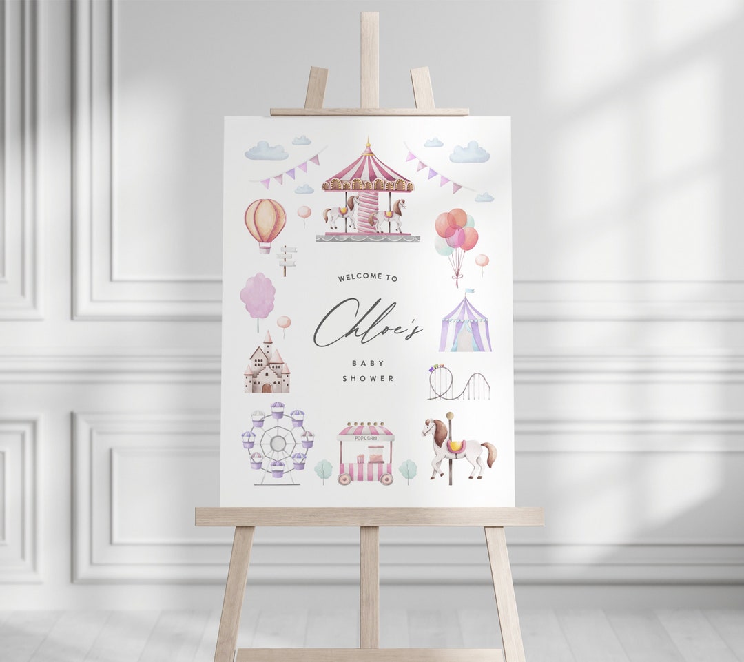 Carnival Welcome Sign, Pink Pastel Baby Shower Poster, Horse Carousel ...
