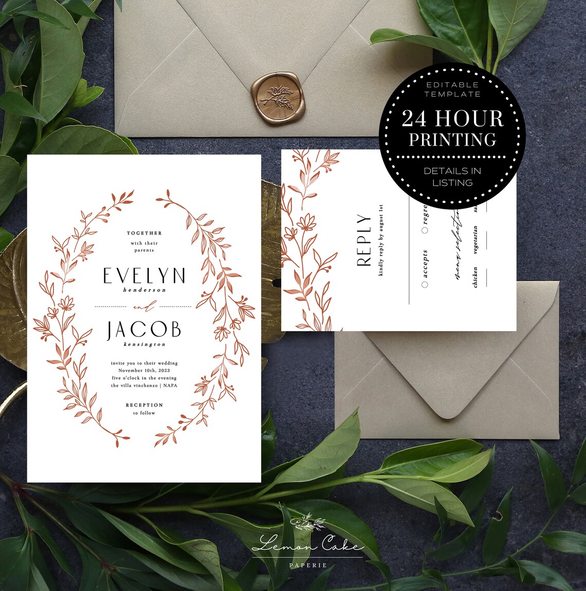 Burnt Orange Wedding Invitation 100% Editable Text Rust | Etsy