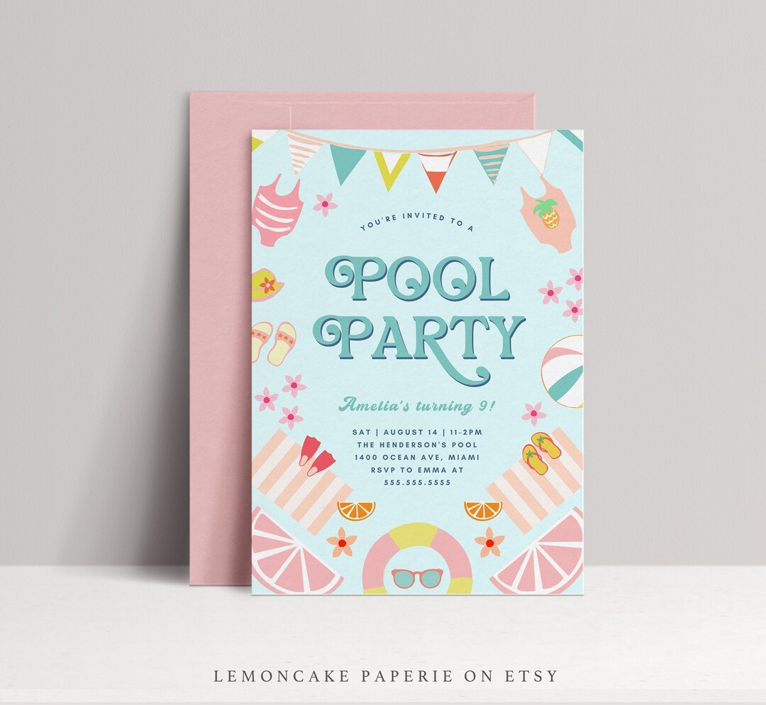 Editable Pool Party Invitation, 100% Editable Text, Girl Pool Party ...