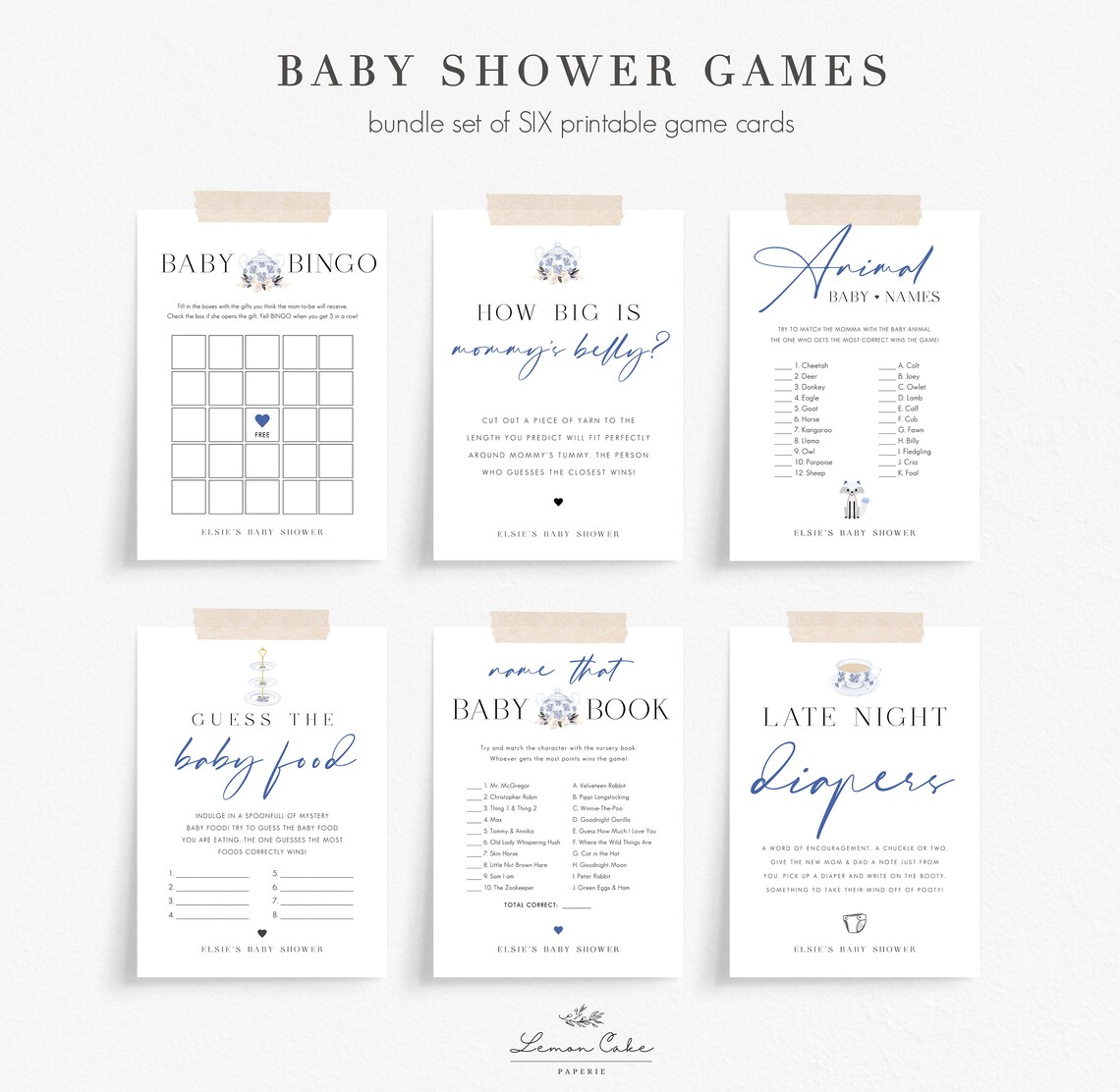 6 Baby Shower Game Cards Tea Party Baby Shower Games Instant - Etsy