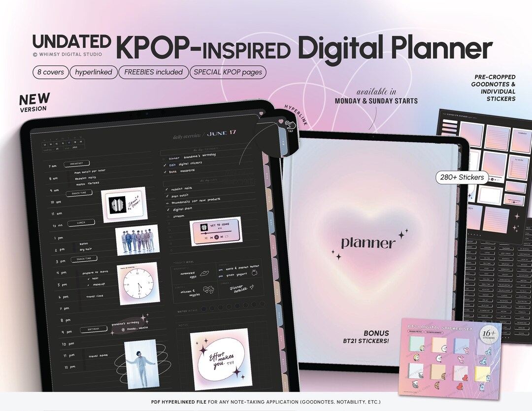 BTS KPOP Undated Digital Planner Dark Mode Sunday Monday Start ...