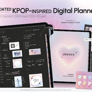 BTS KPOP Undated Digital Planner Dark Mode Sunday Monday Start ...