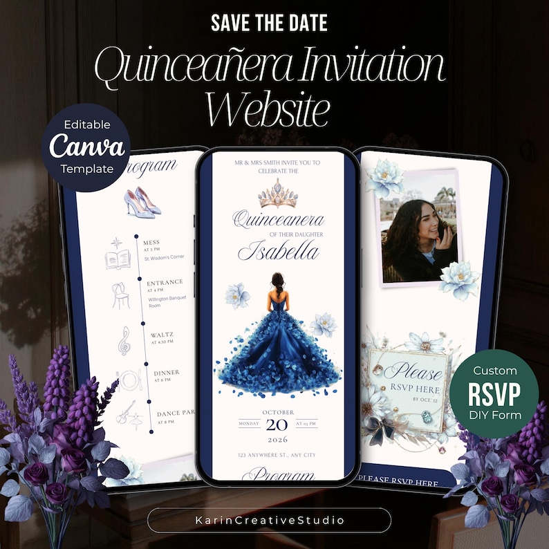 Navy Blue Quinceañera Invitation Website | Editable Canva Template ...