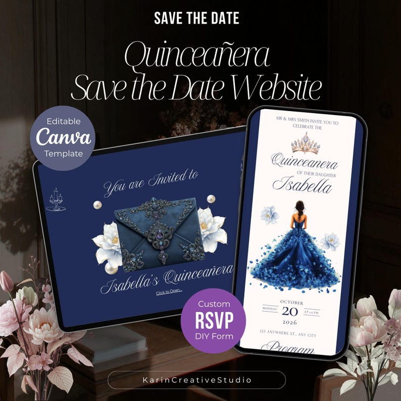 Navy Blue Quinceañera Invitation Website | Editable Canva Template ...