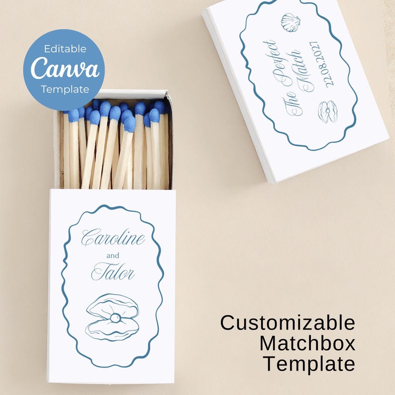 Editable Wedding Favor Matchbox Template, Coastal Matchbox Canva ...