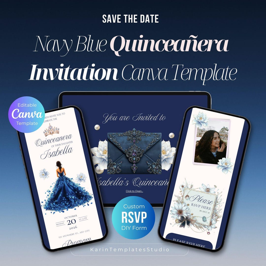Navy Blue Quinceañera Invitation Website | Editable Canva Template ...
