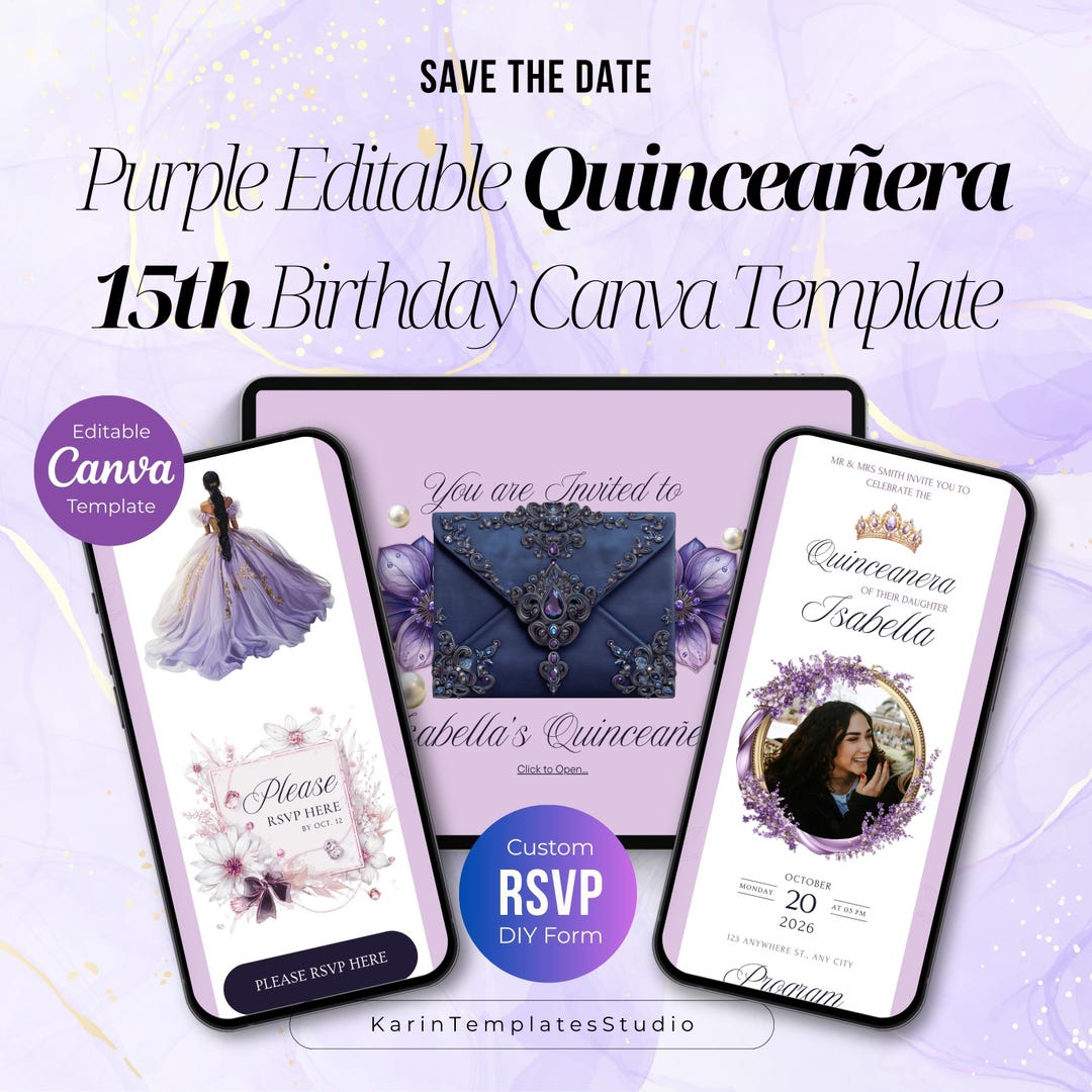 Lilac Purple Quinceañera Invitation, Royal Diamond XV Canva Template ...