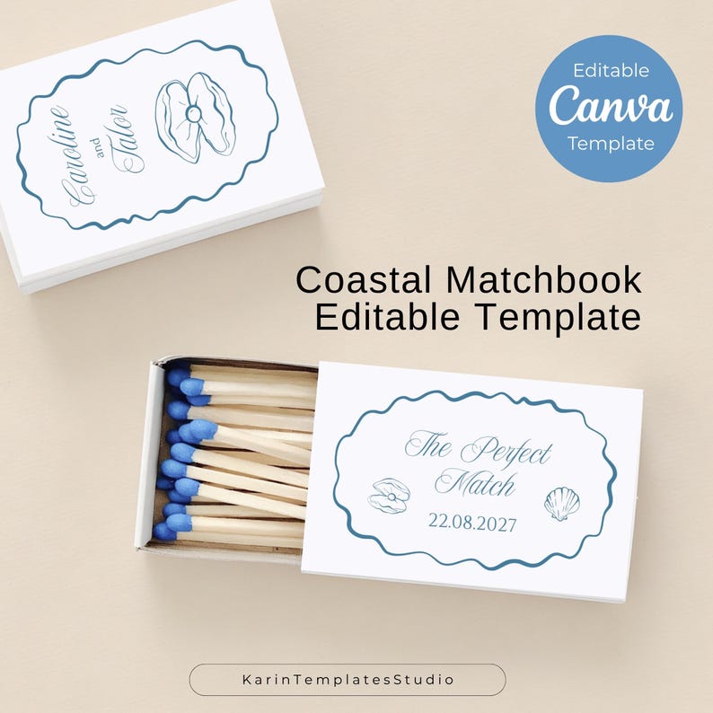 Editable Coastal Wedding Matchbox Template, Beach Seashell Favor ...
