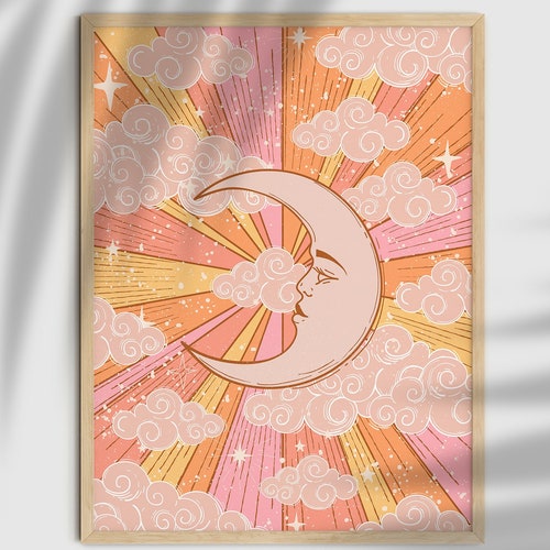 Moon Art Retro 70s Home Decor Vintage Moon Poster Witchy - Etsy