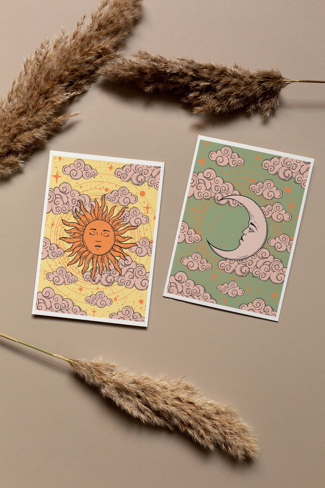 Vintage Sun and Moon Print Set: 70s Celestial Wall Art, Retro Home ...
