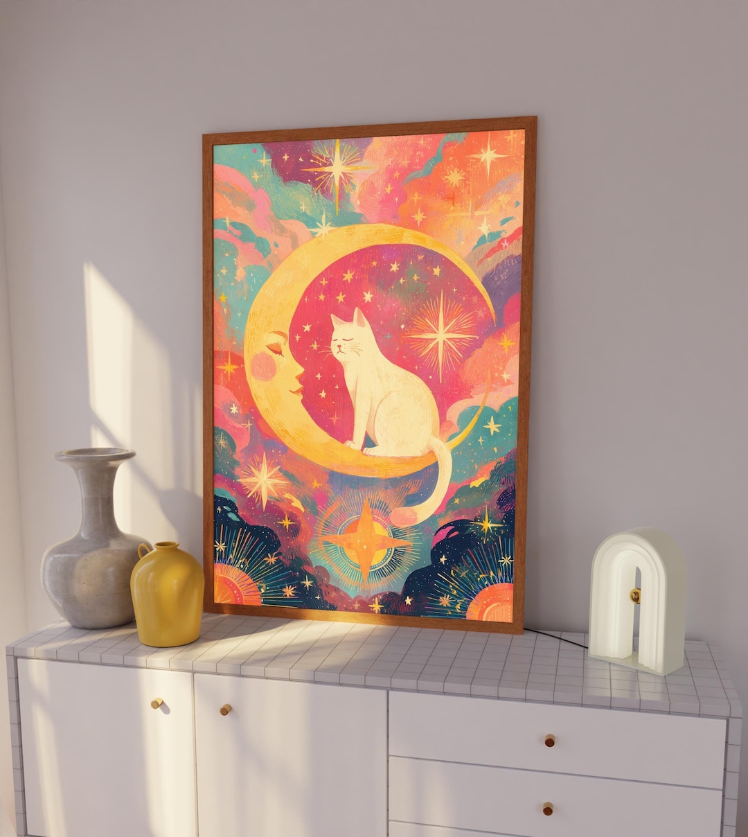 Cat and Moon Art Print: Dreamlike Celestial Nursery Decor - Etsy