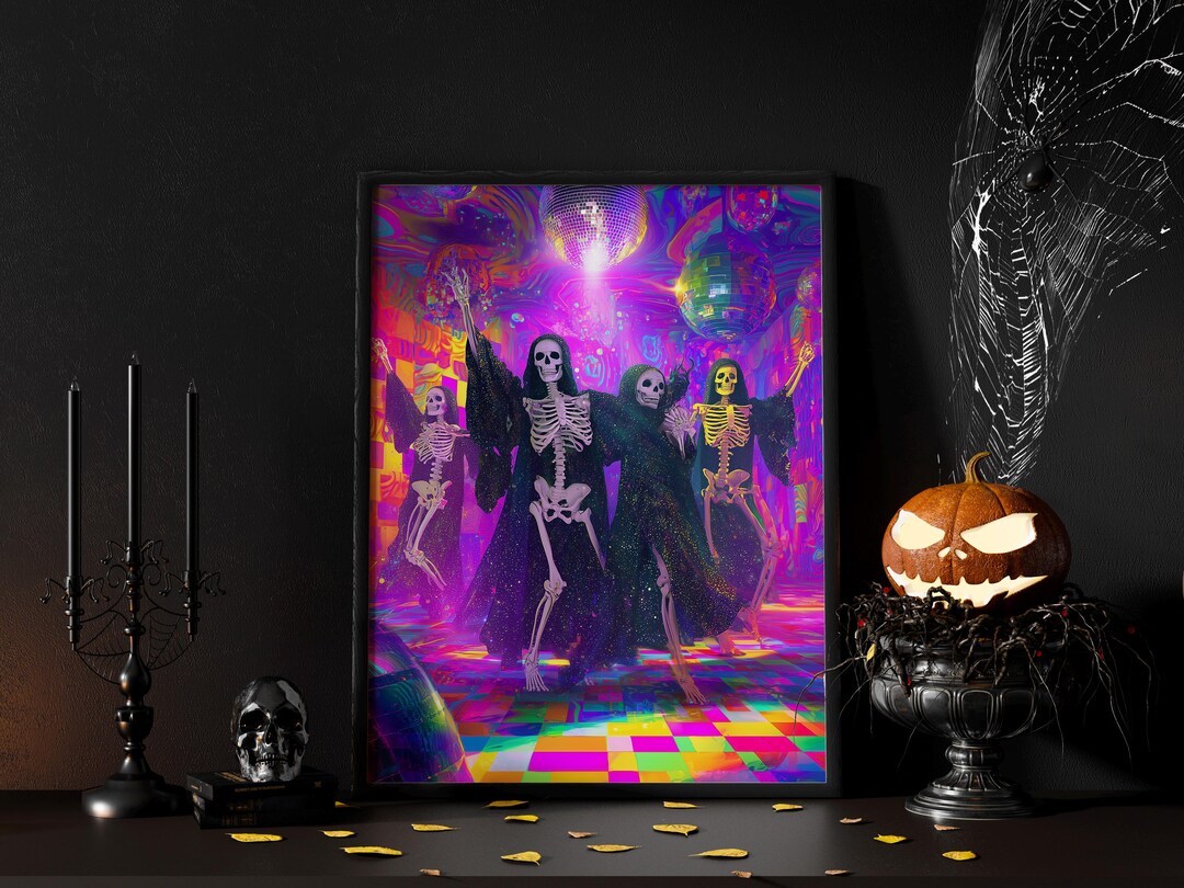 Funky Psychedelic Skeleton Poster, Vibrant Colorful Halloween Wall Art ...
