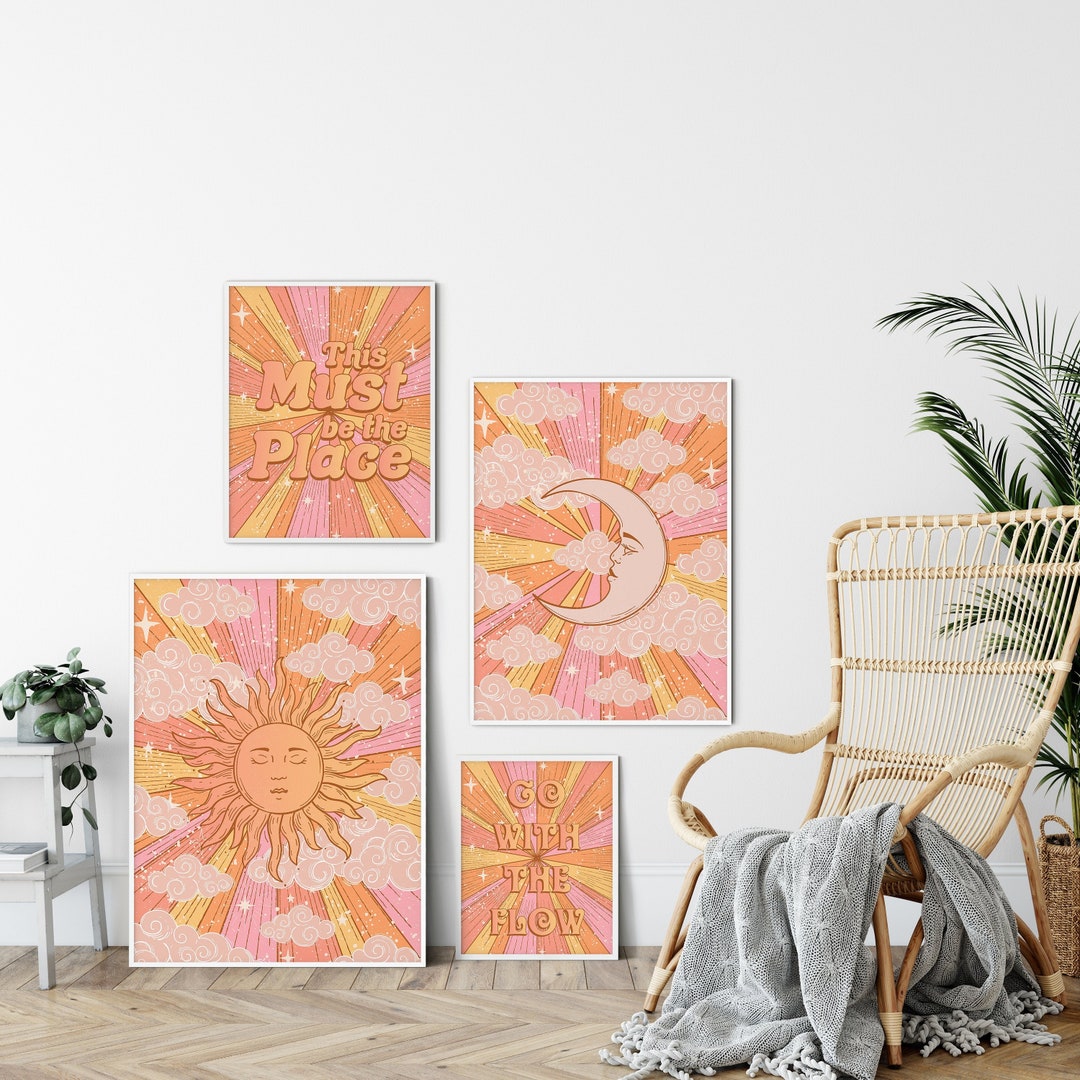 70s Set of 4 Prints, Sun and Moon 70s Decor, Celestial Decor, Vintage ...