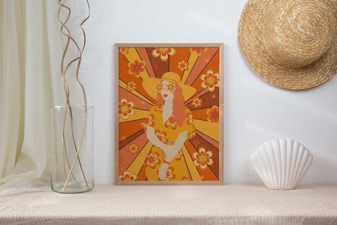 Retro 70s Woman Floral Art Print: Psychedelic Home Decor (digital ...