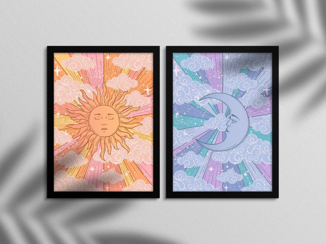 Retro Sun and Moon Poster Set: 70s Celestial Wall Art, Colorful Home ...