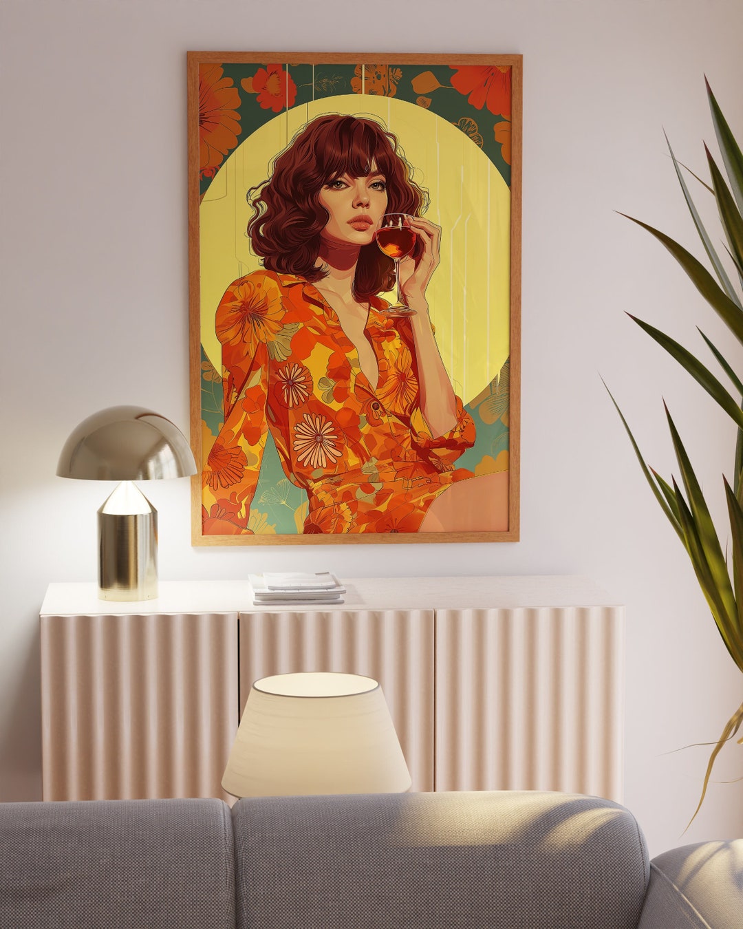 70s Hippie Girl Poster Cocktail Art Print 70s Decor Retro Wall Art