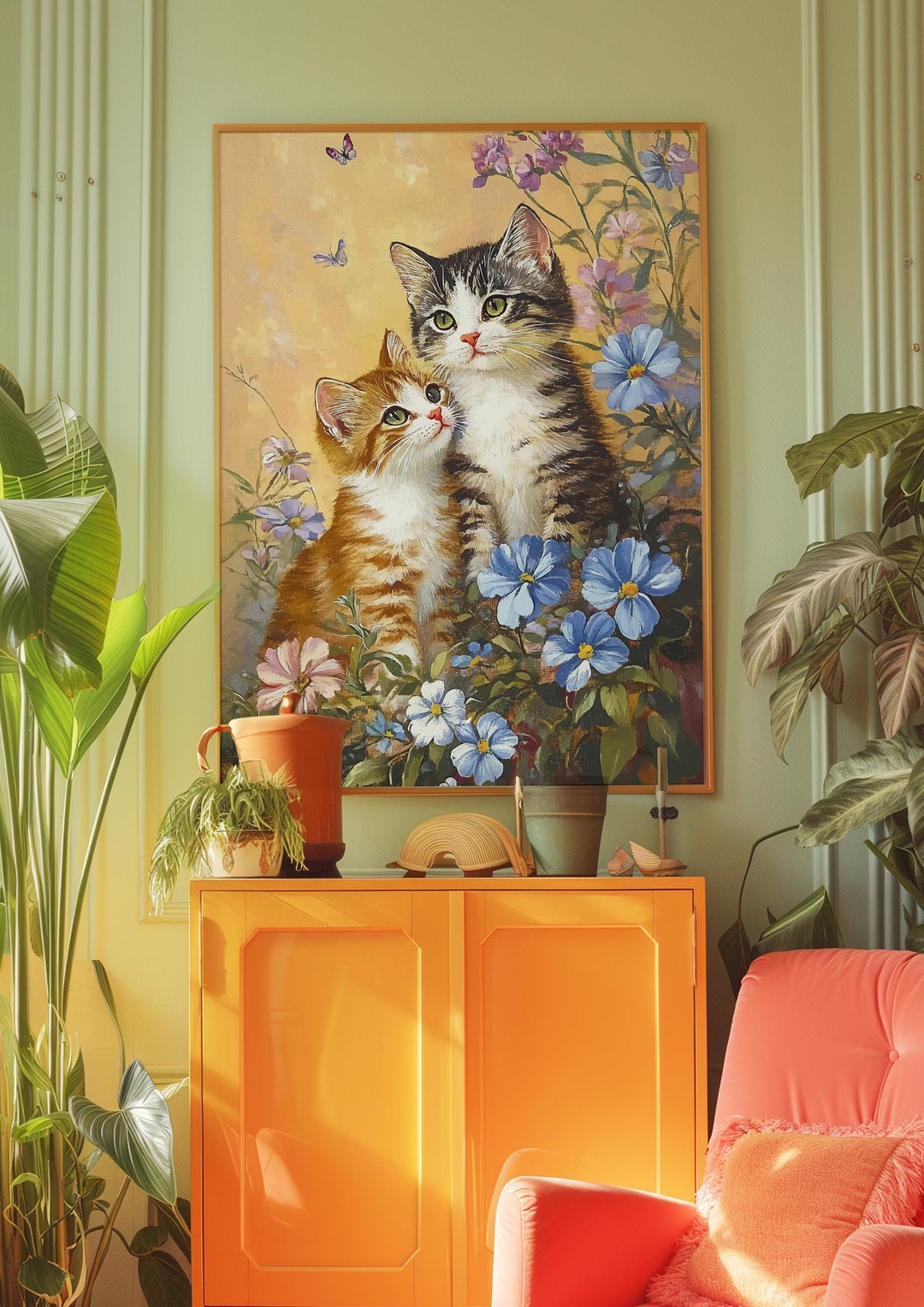 Vintage Cats Art Painting, Retro Cute Wall Decor, Cats Lover Gift ...