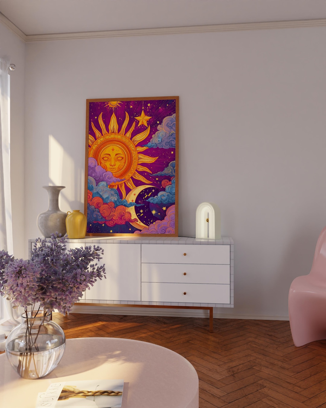 Cosmic Sun and Moon Art Print: Celestial Retro Decor - Etsy