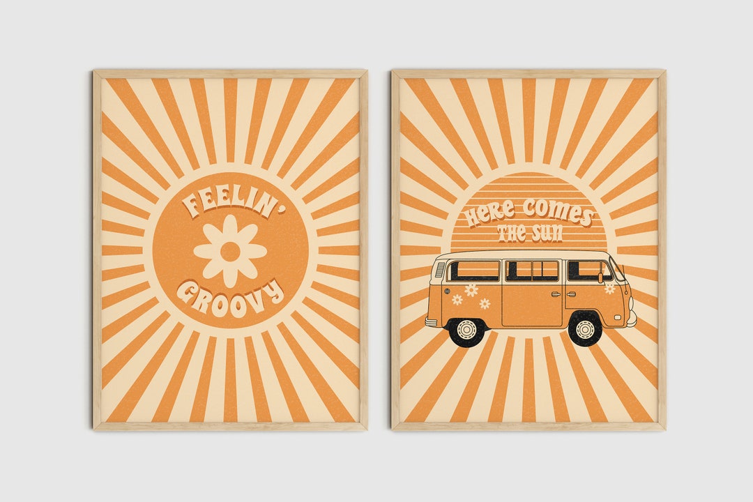 Retro Hippie Bus, Vintage Van Poster, Hippie Print Set, 70s Wall Art ...