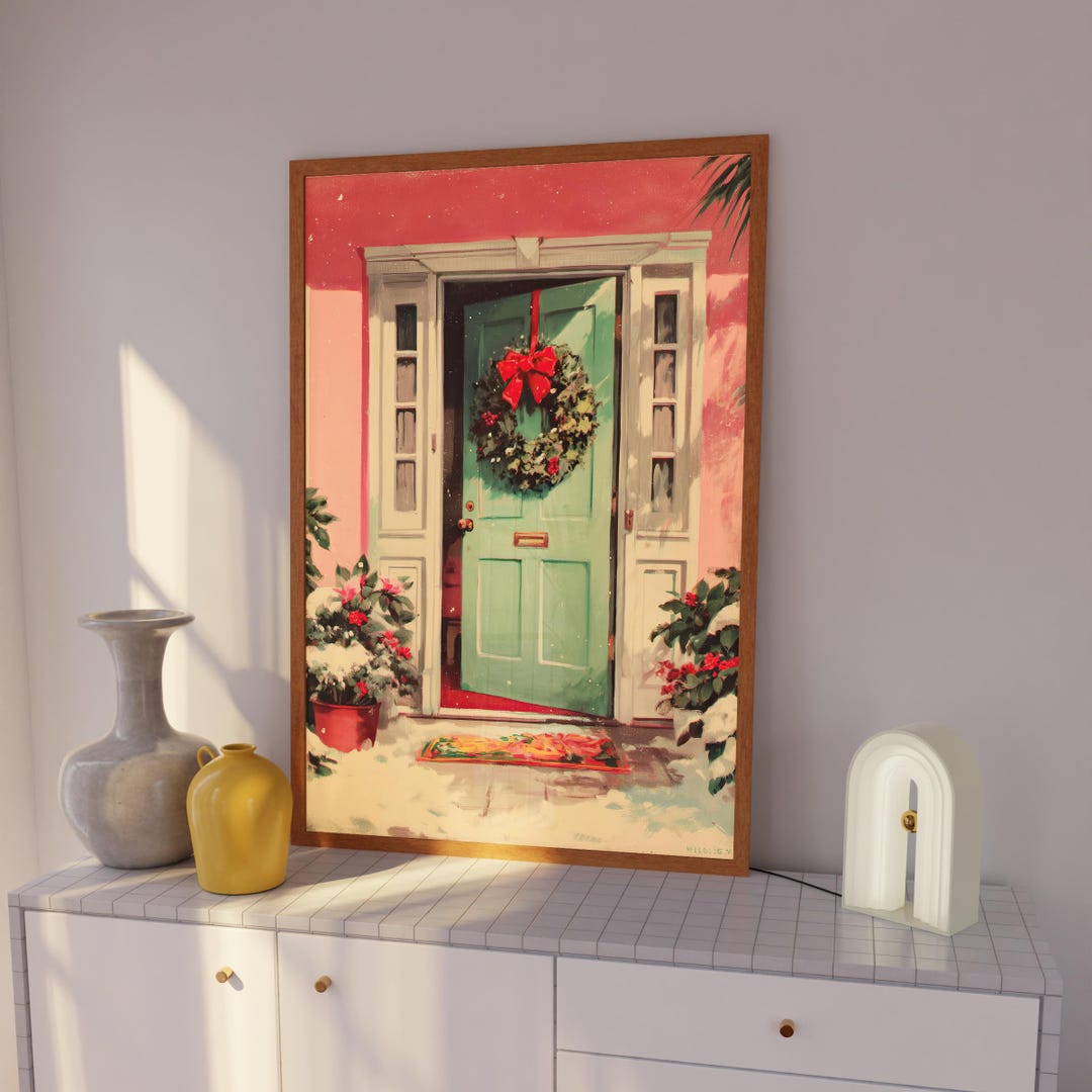 Retro Christmas Door Print: Vintage Holiday Wreath Wall Art Mid Century ...
