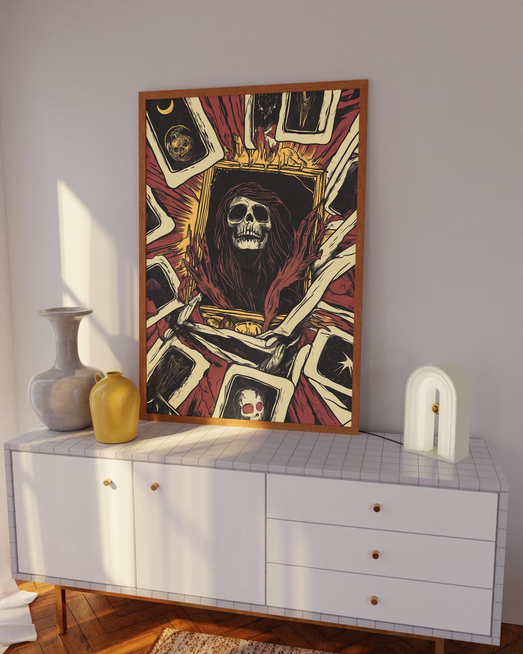 Skeleton Seance Halloween Decor, Dark Tarot Card Skeleton Print ...