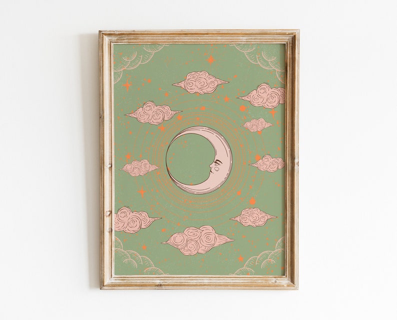 Vintage Poster, Moon Poster, 70s Decor, Retro Home Decor, Celestial ...