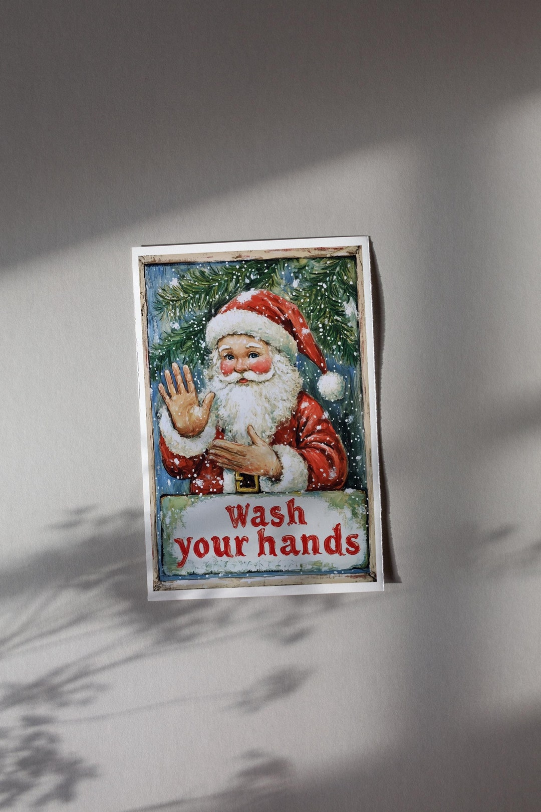Santa Wash Your Hands Vintage Christmas Art Print, Retro Santa Claus ...