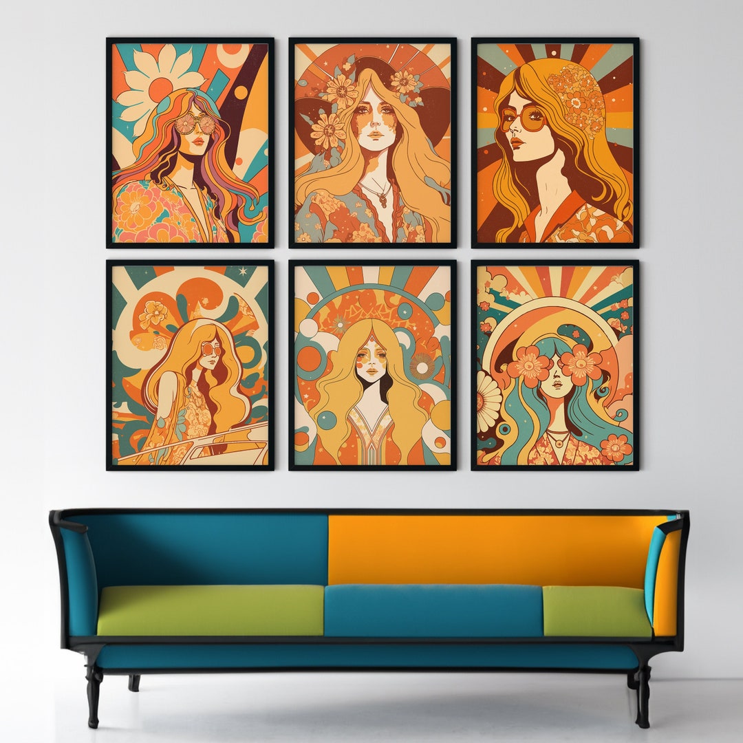 Retro 70s Hippie Woman Poster Set, Vintage 70s Hippie Girl Posters ...