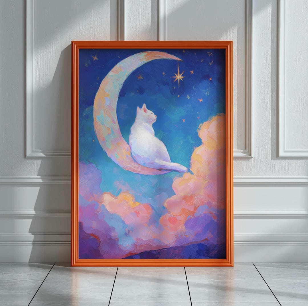 White Cat Moon Art Print: Dreamy Celestial Pastel Wall Decor - Etsy