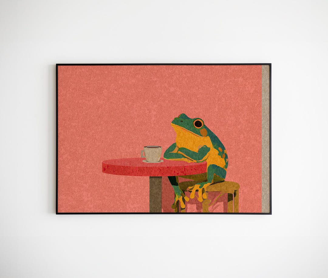 Retro Frog Cafe Art Print: Whimsical Frog Poster, Pastel Midcentury ...
