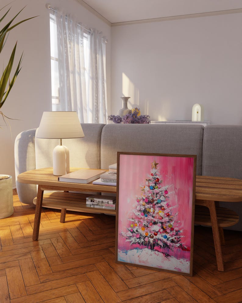 Preppy Pink Christmas Tree Print, Colorful Modern Christmas Tree Poster ...