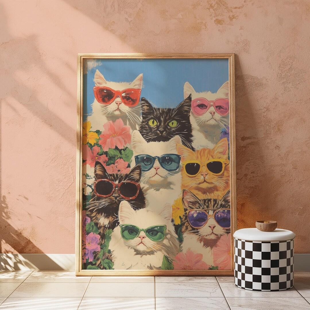 Maximalist Cats Poster, Preppy Aesthetic Cat Art Print, Trendy College ...