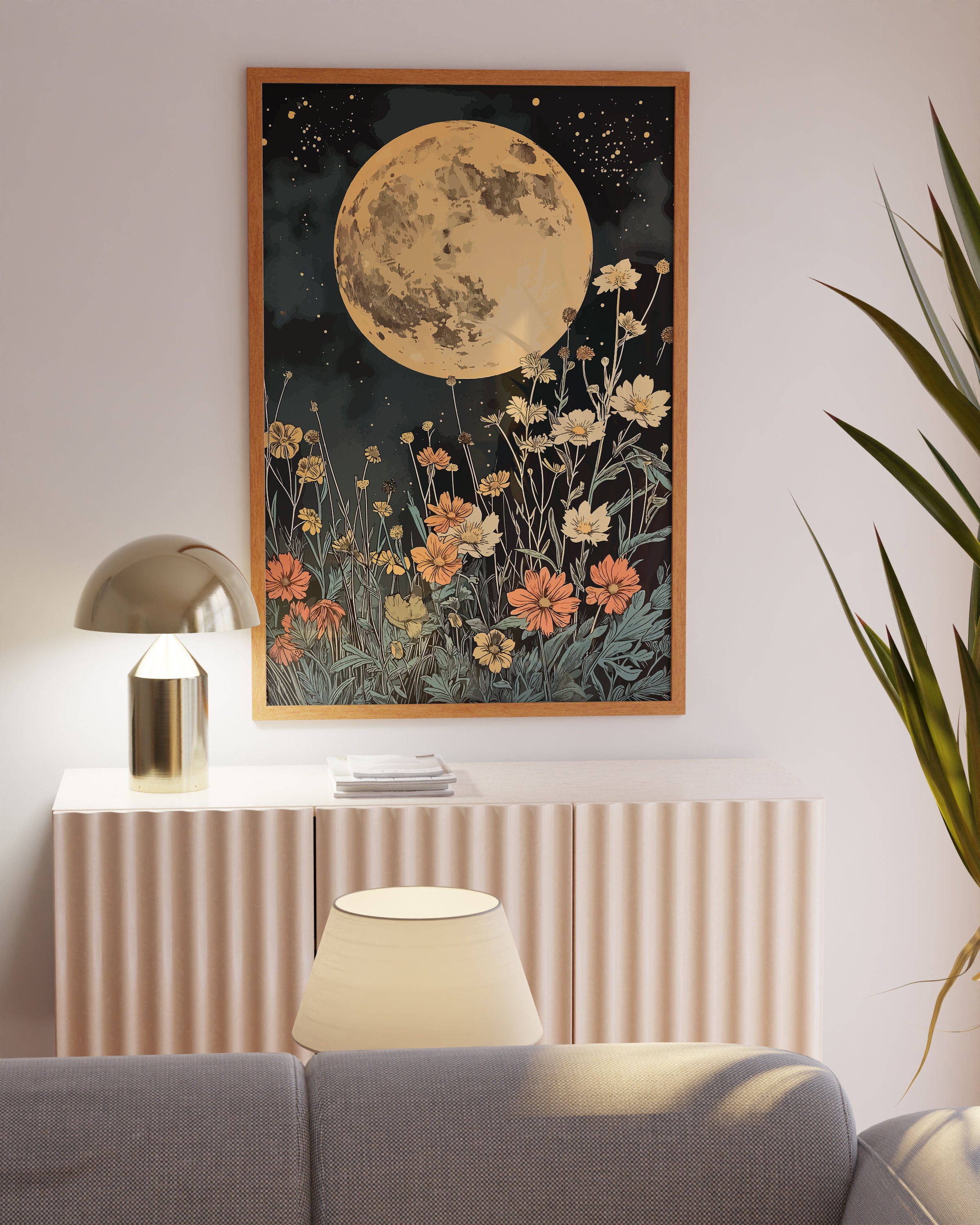 Moon and Flowers Art Print: Vintage Celestial Cottagecore Decor - Etsy