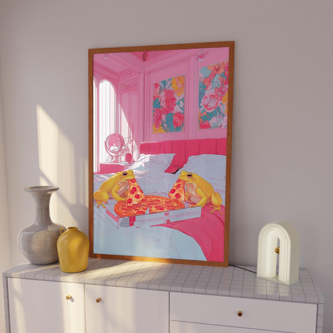 Frogs Eating Pizza Wall Art: Whimsical Animal Print for Pastel Bedroom ...