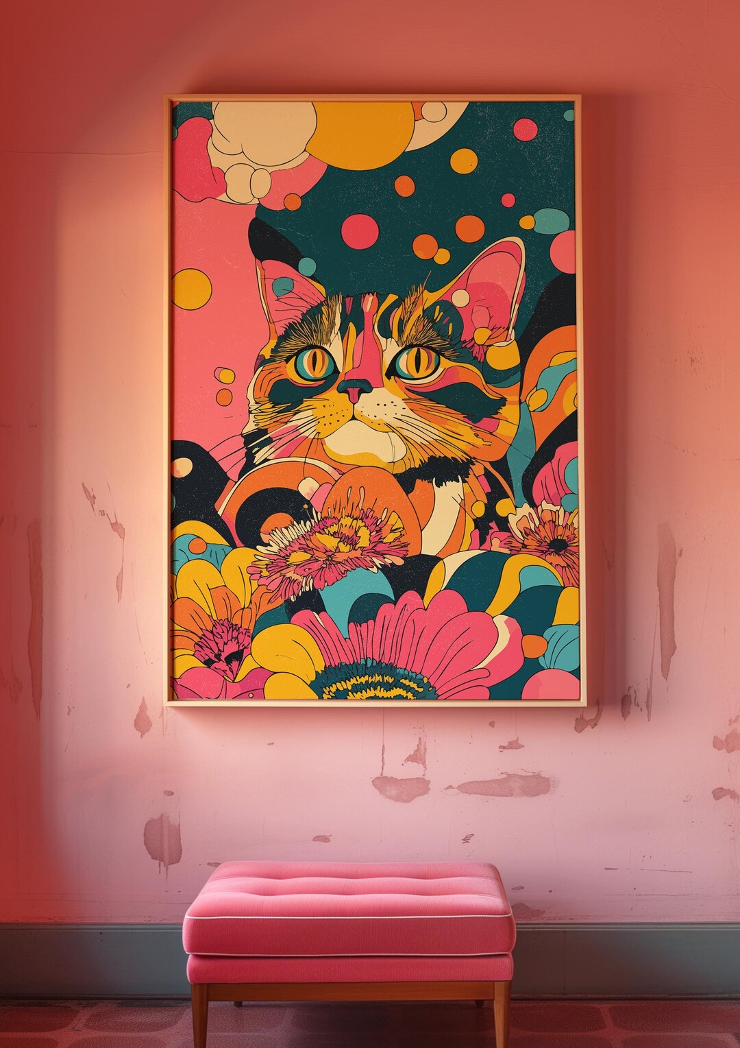 Retro 70s Cat Poster: Colorful Abstract Wall Art - Etsy