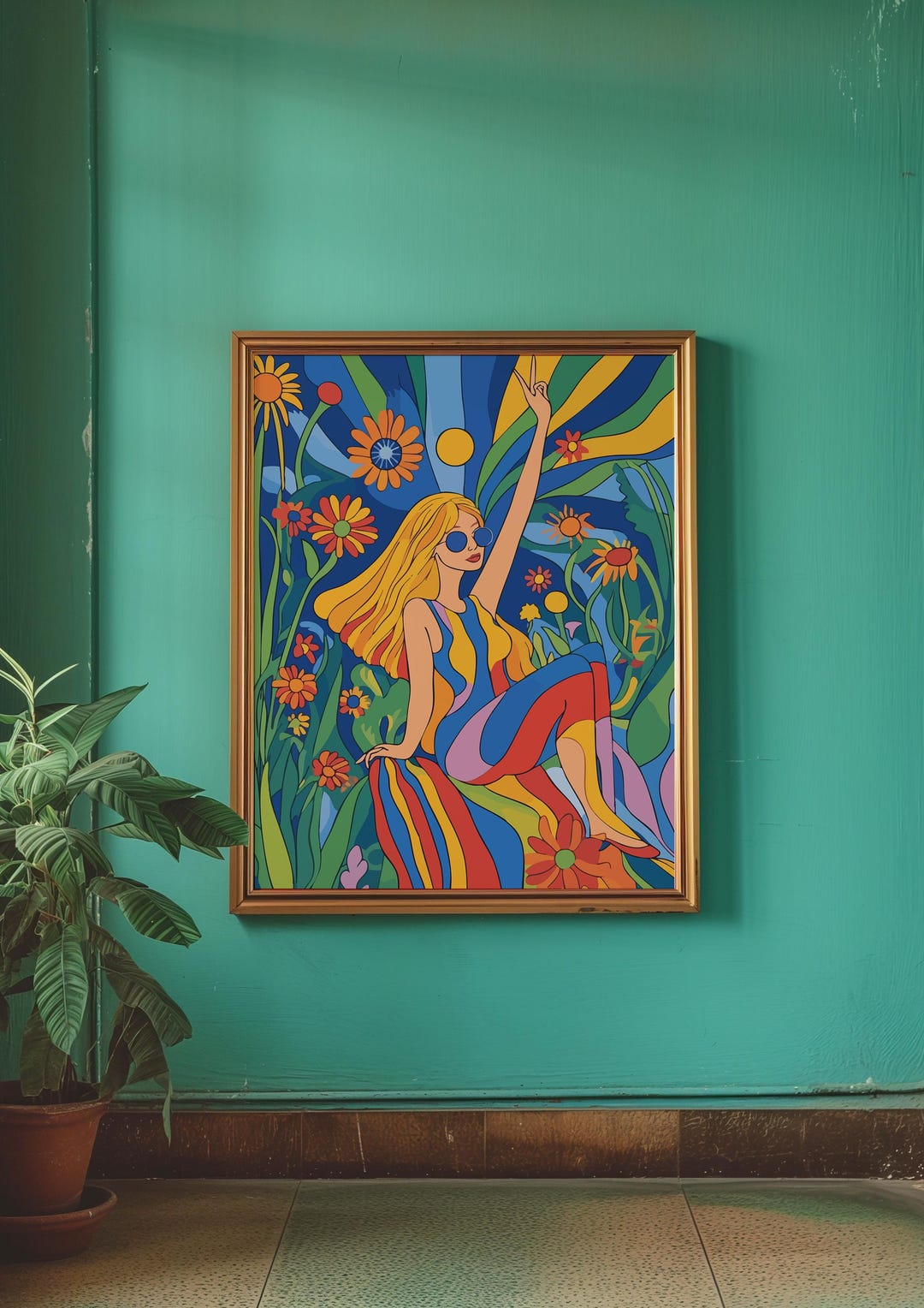 Hippie Art Print, Teen Girl Room Decor, Flower Power, Vintage 70s ...