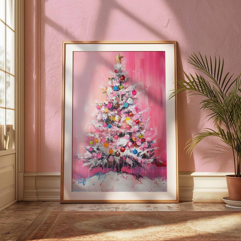 Preppy Pink Christmas Tree Print, Colorful Modern Christmas Tree Poster ...
