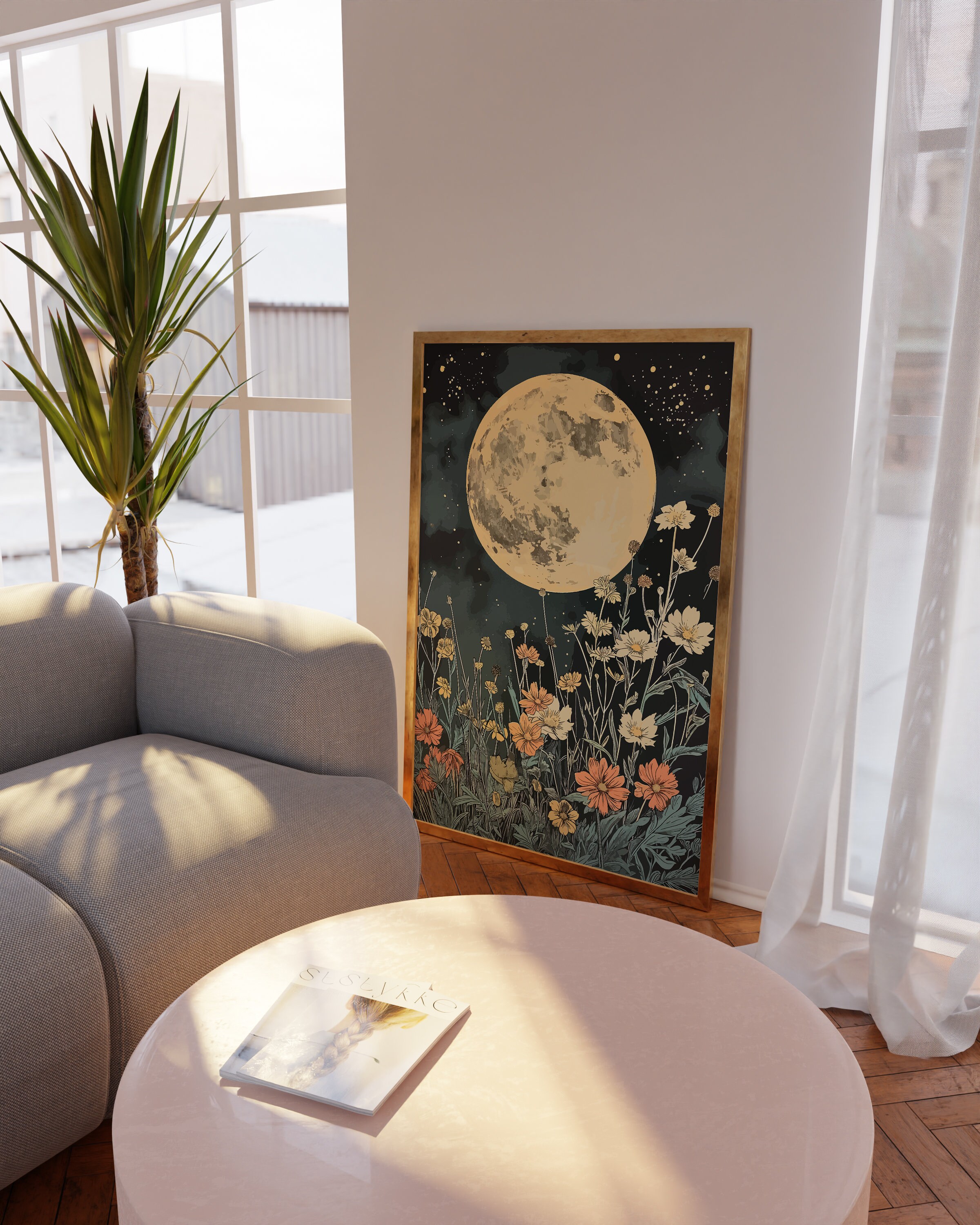 Moon and Flowers Art Print: Vintage Celestial Cottagecore Decor - Etsy