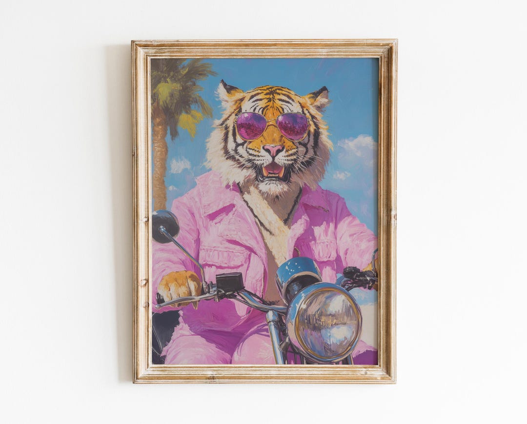 Preppy Pink Tiger on Motorcycle Printable Art Print, Maximalist ...