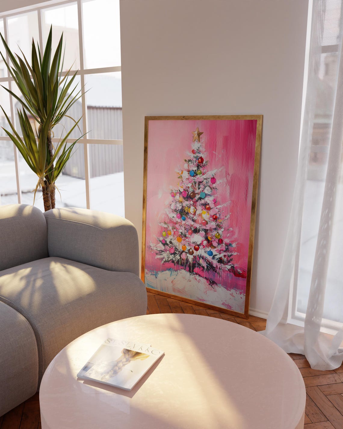 Preppy Pink Christmas Tree Print, Colorful Modern Christmas Tree Poster ...
