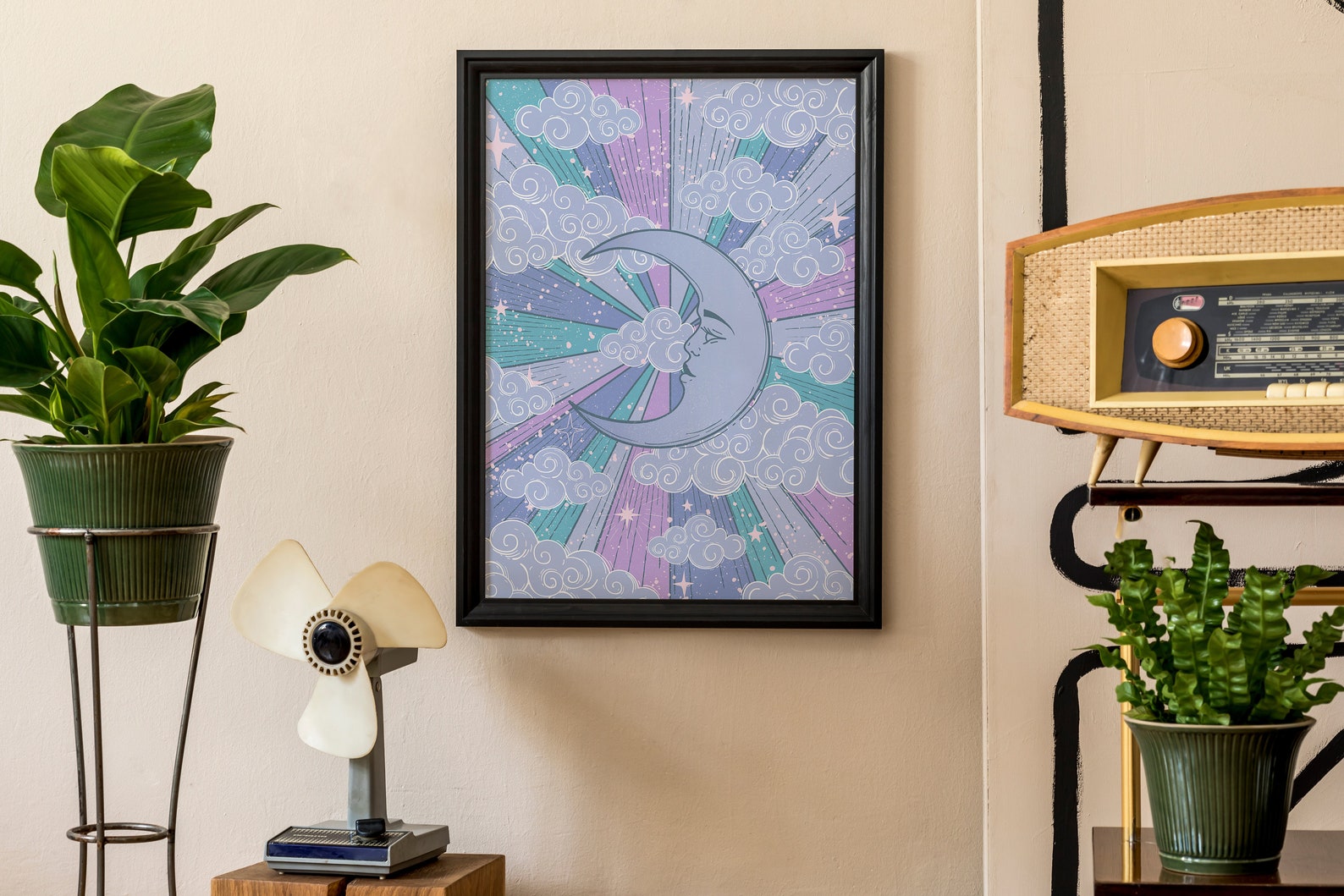 Celestial Decor Moon Poster 70s Decor Vintage Poster Retro - Etsy