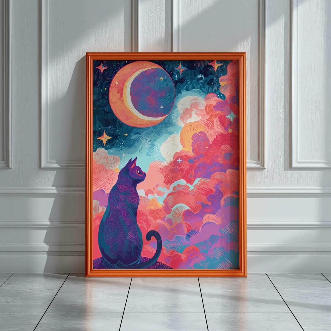 Psychedelic Moon Cat Art Print: Retro Surreal Wall Decor - Etsy