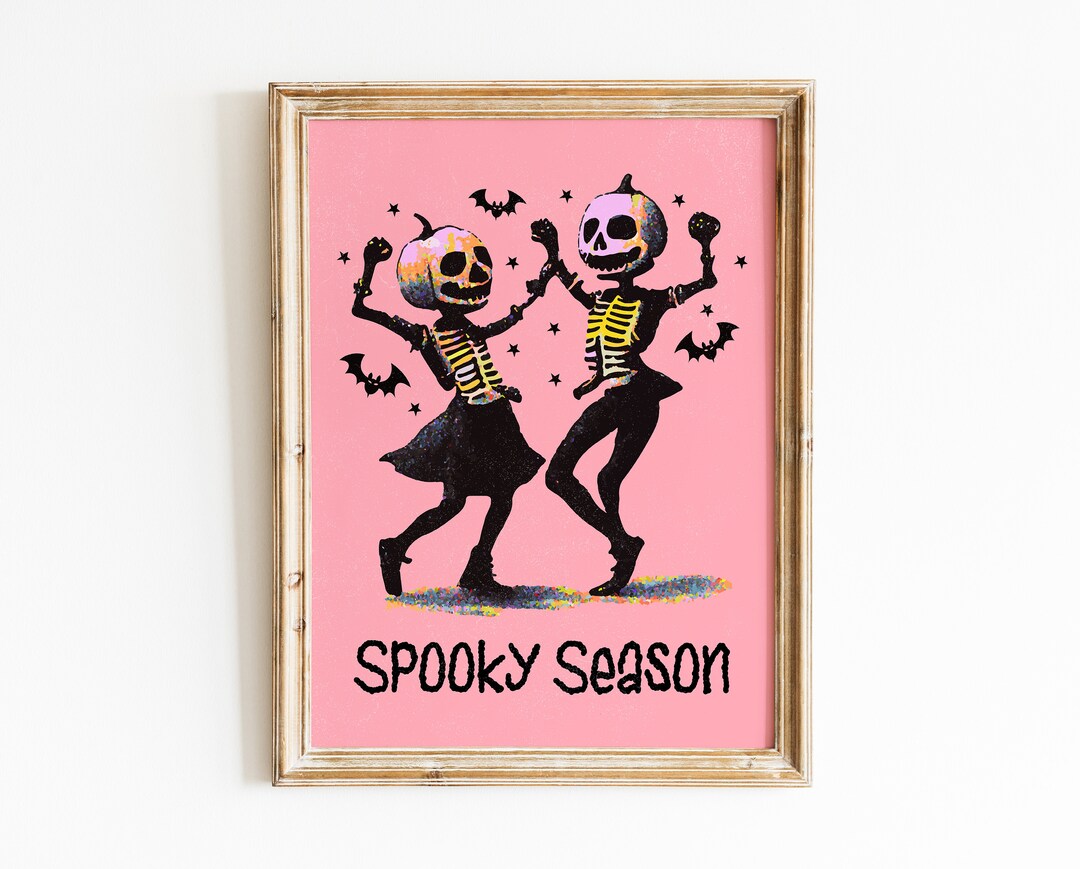 Pink Halloween Poster, Skeleton Art Print, Spooky Season Poster ...