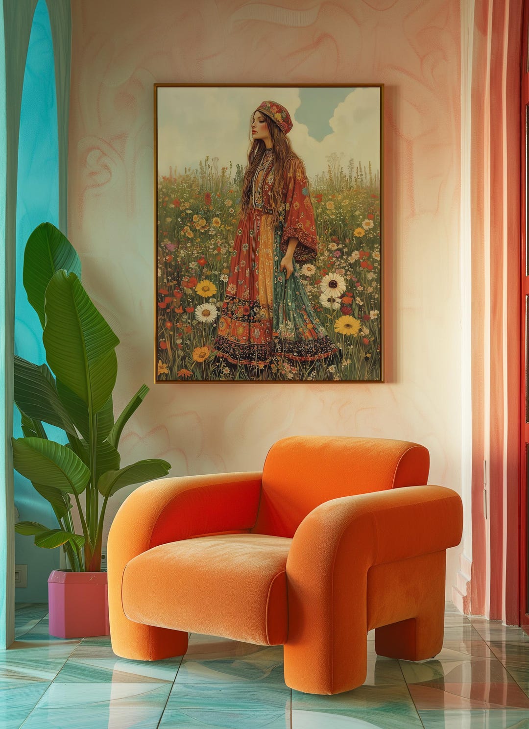 Vintage Hippie Girl Floral Print: 70s Retro Wall Art - Etsy