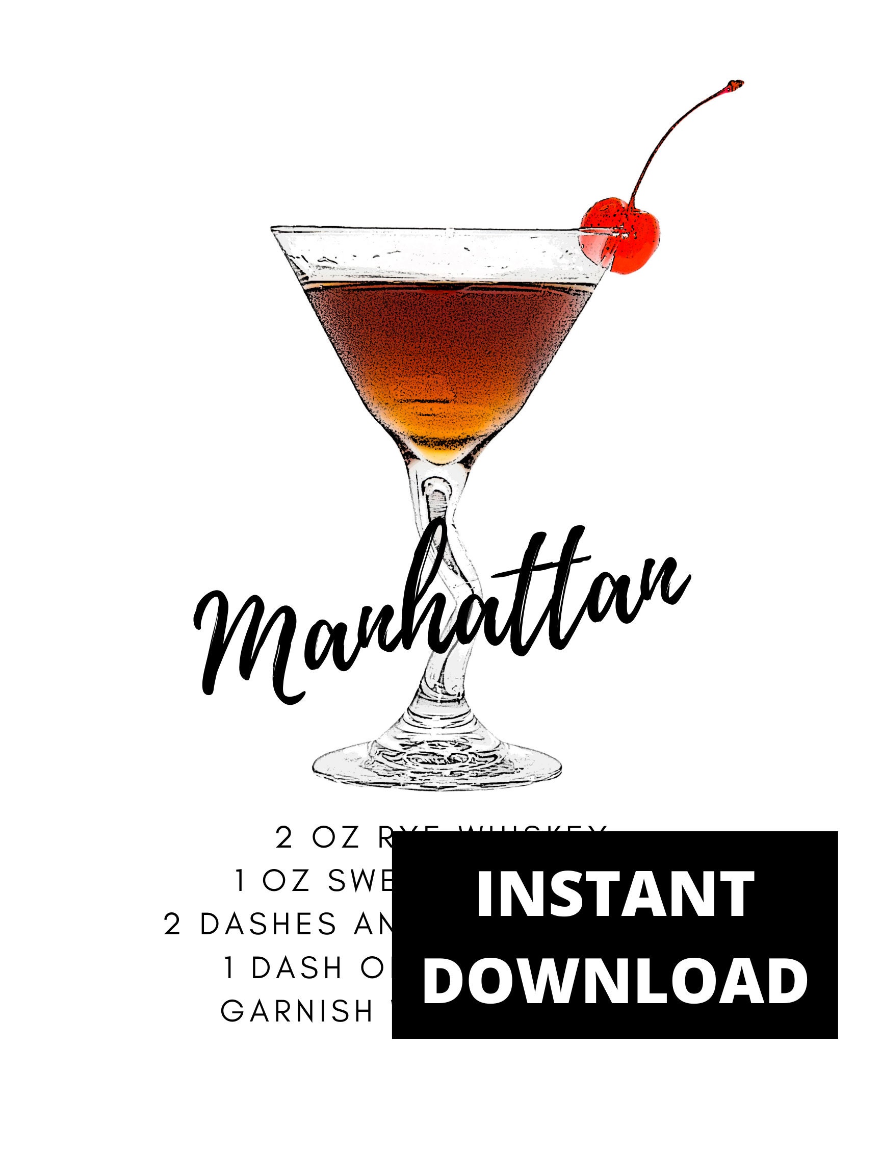 Manhattan Whiskey Cocktail | Instant Download | Drink Recipe | Bar Sign ...