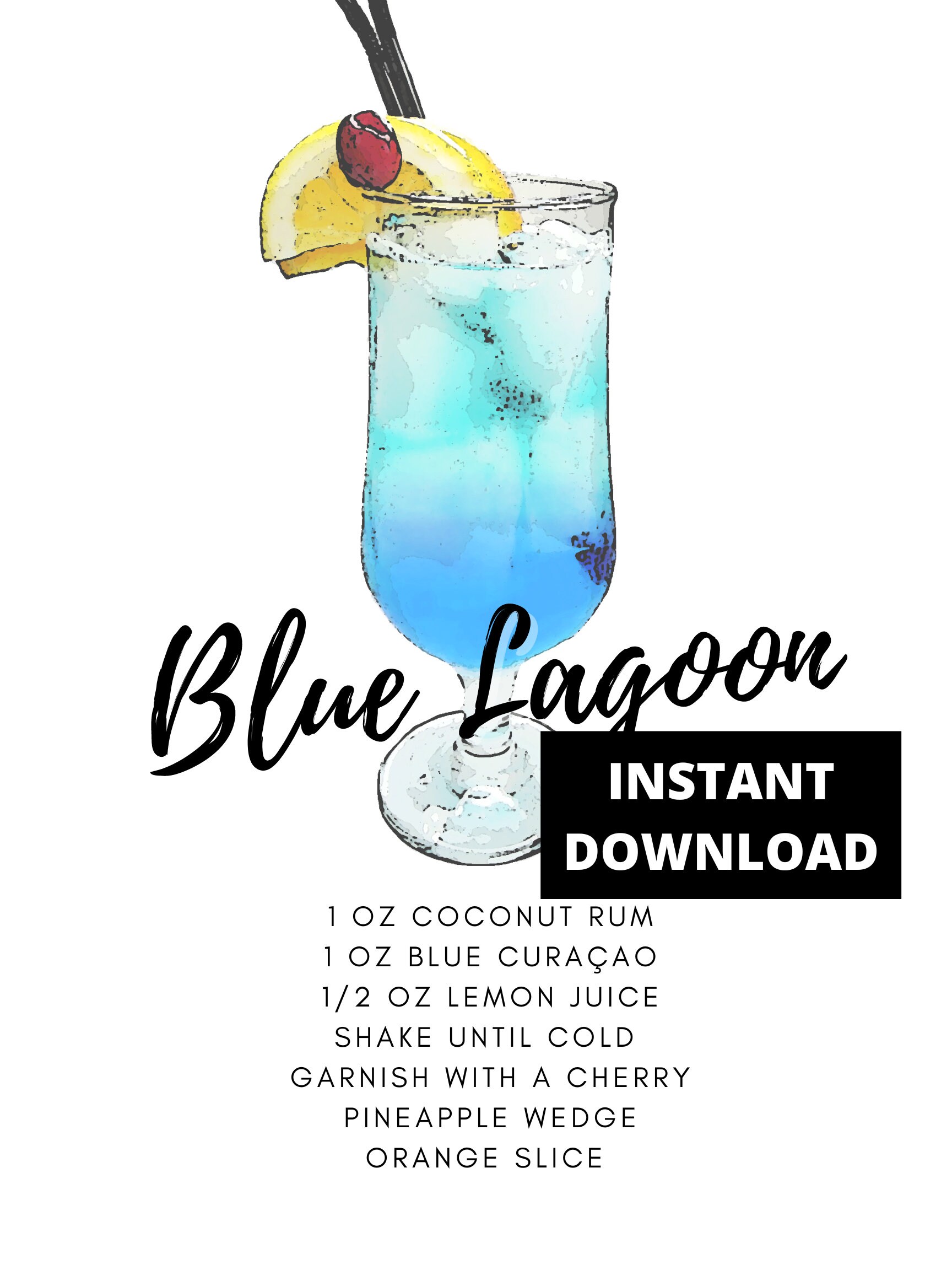Blue Lagoon Drink Recipe | Instant Download | Bar Sign | Cocktail Print ...